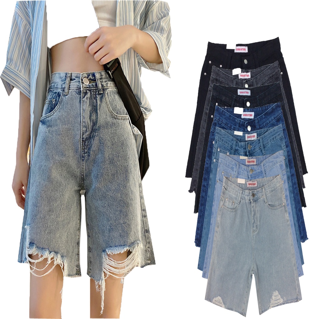 LADIES HIGH WAIST TATTERED BERMUDA TOKONG SHORT DENIM SHORT | Shopee ...