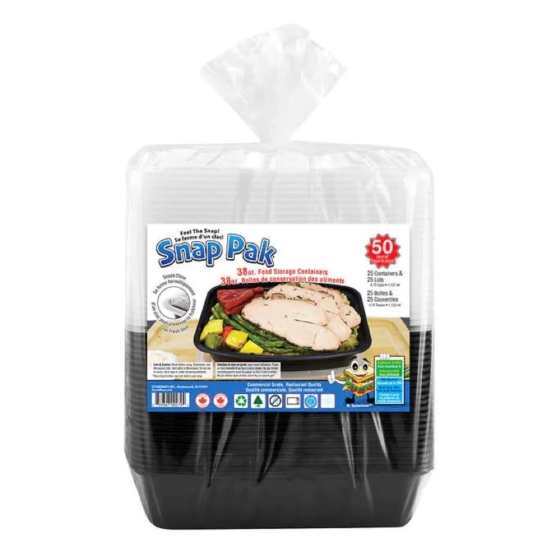 Snap Pak Food Storage Containers, Rectangular, Black, 38 oz, 25 Set ...