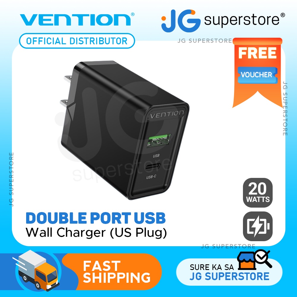 Vention 20W USB Double Port USB-A + Type C Wall Charger (Black) (US ...