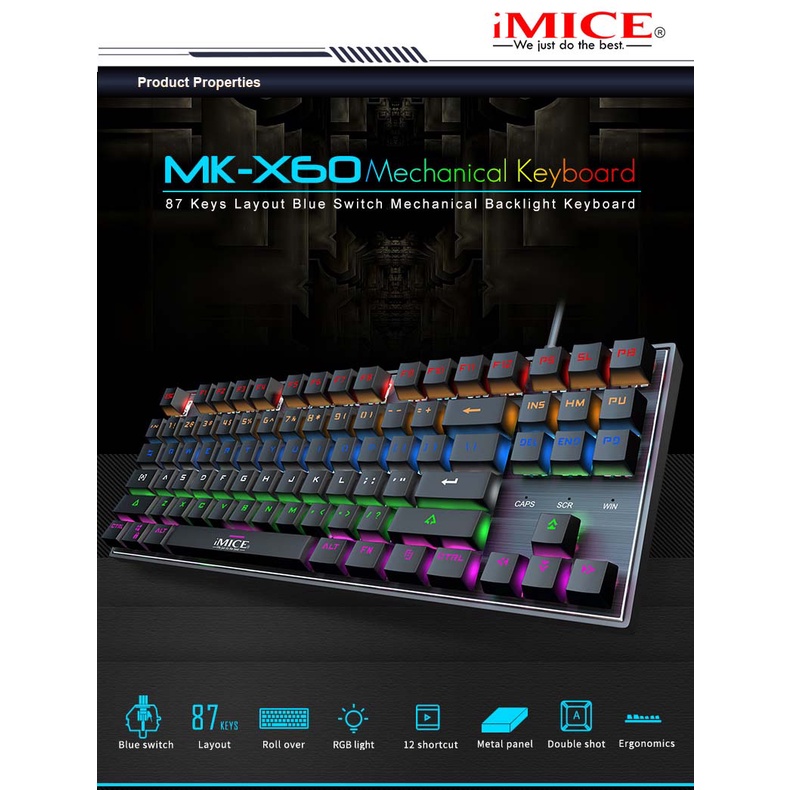 iMICE MK-X60 wired mechanical gaming keyboard RGB lighing modes 87keys ...