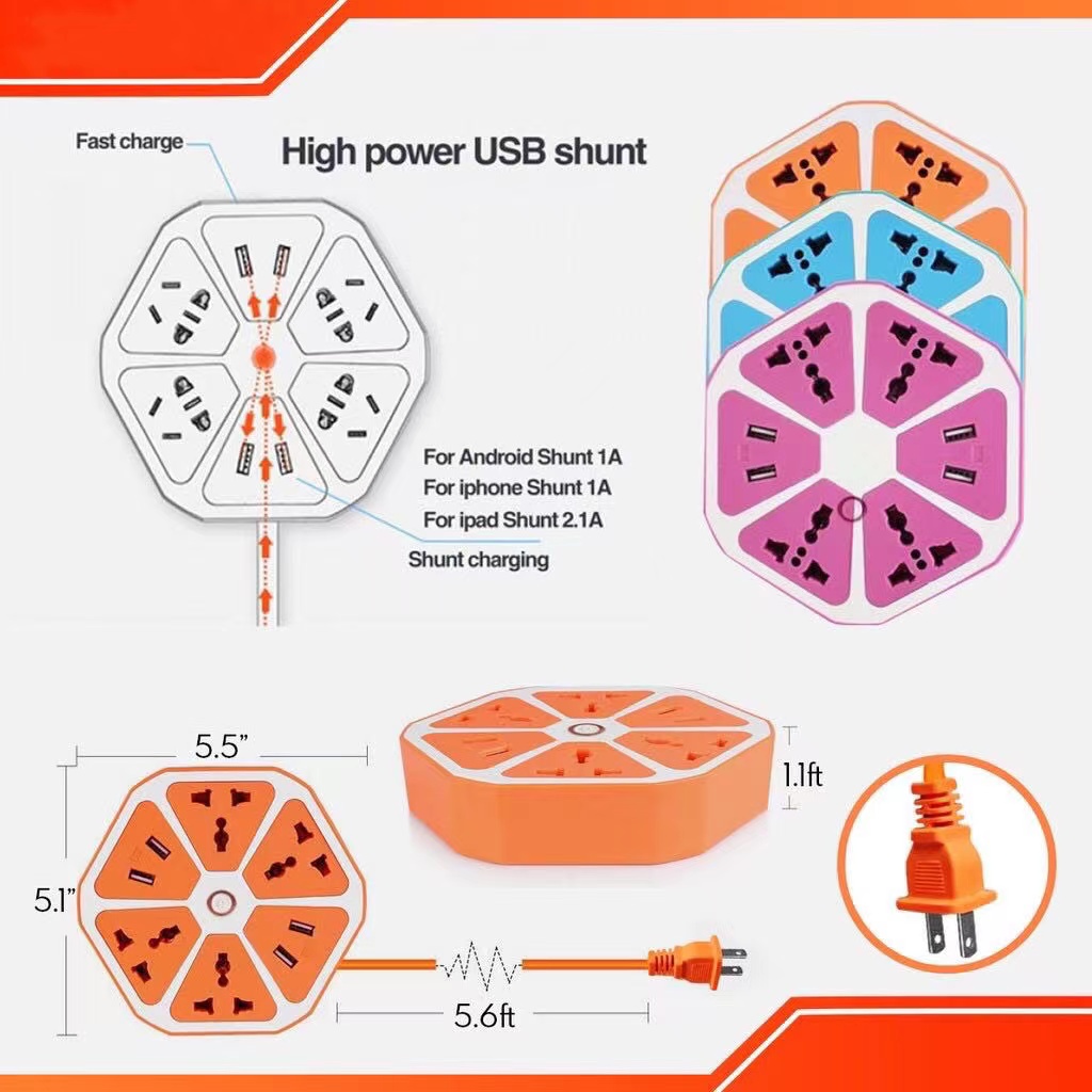 Universal Multiple Socket Hexagon With 2 USB Ports Chargeable Extention ...