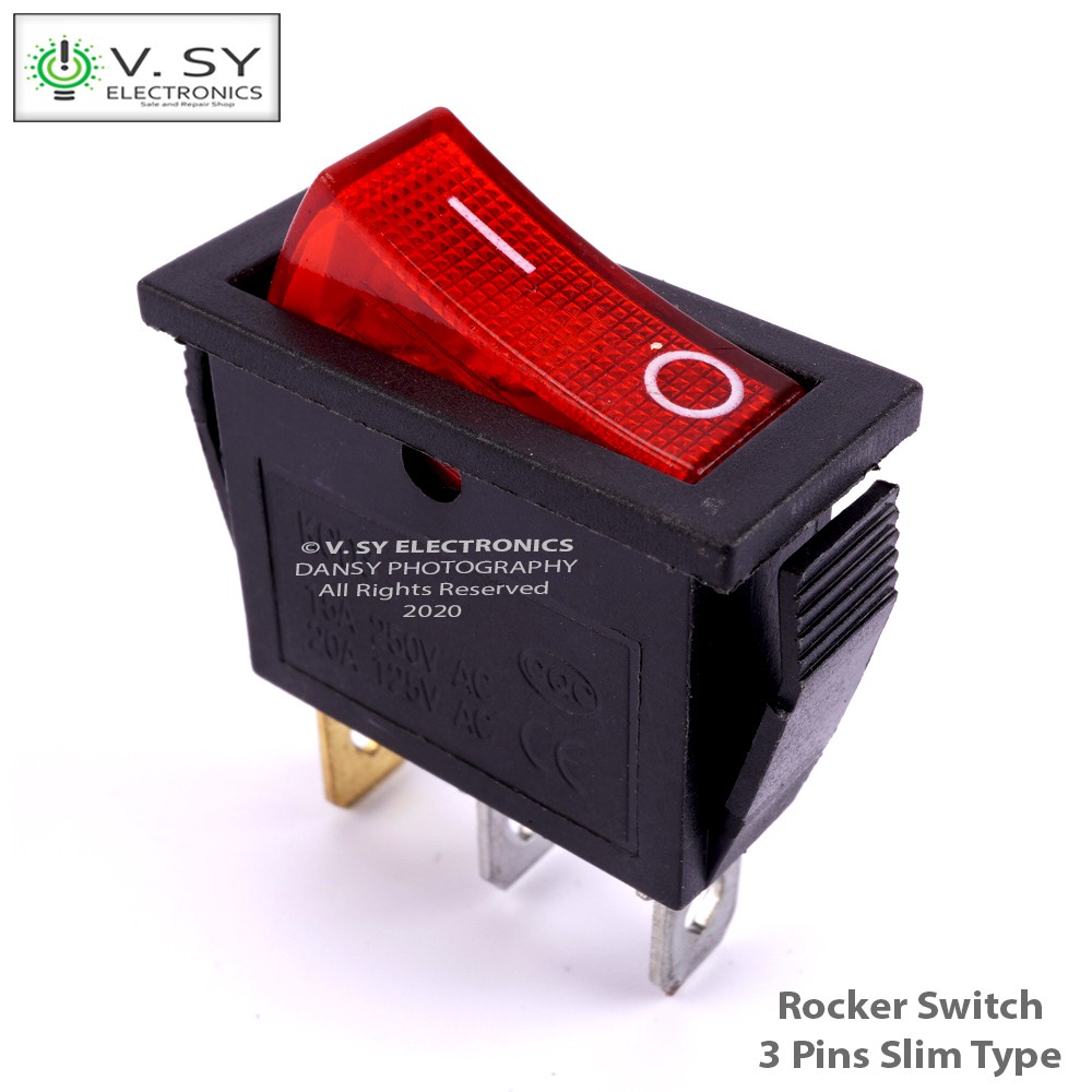 RED 3 Pins Rocker Switch Slim Type 16A SPST with LED Light Seesaw ...