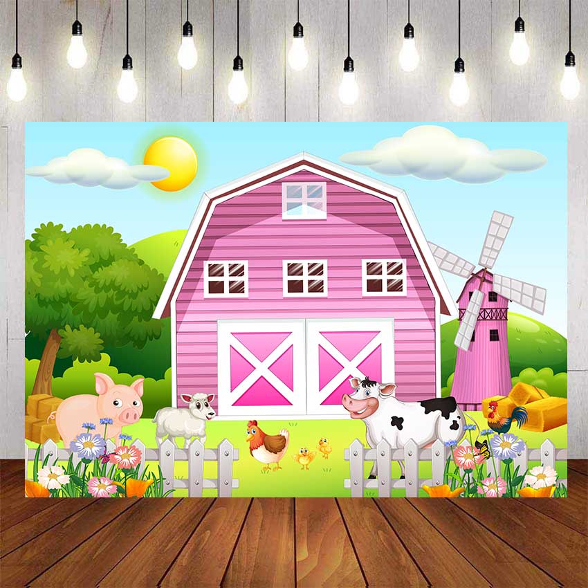 Pink Farm House Animals Birthday Backdrop For Photography Baby Shower ...