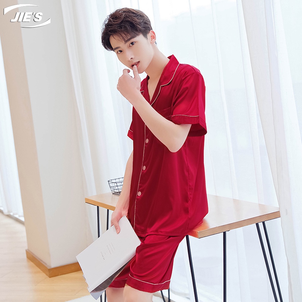 [Spot]Couple unisex silk plain short sleeve terno pajama set plus size ...