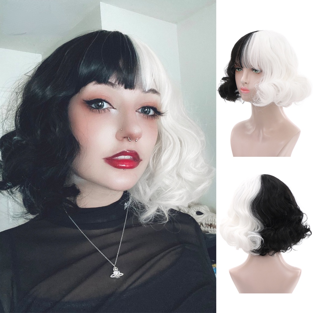 Local shipment Synthetic Short Wavy Cosplay Party Wigs with Bangs Half ...