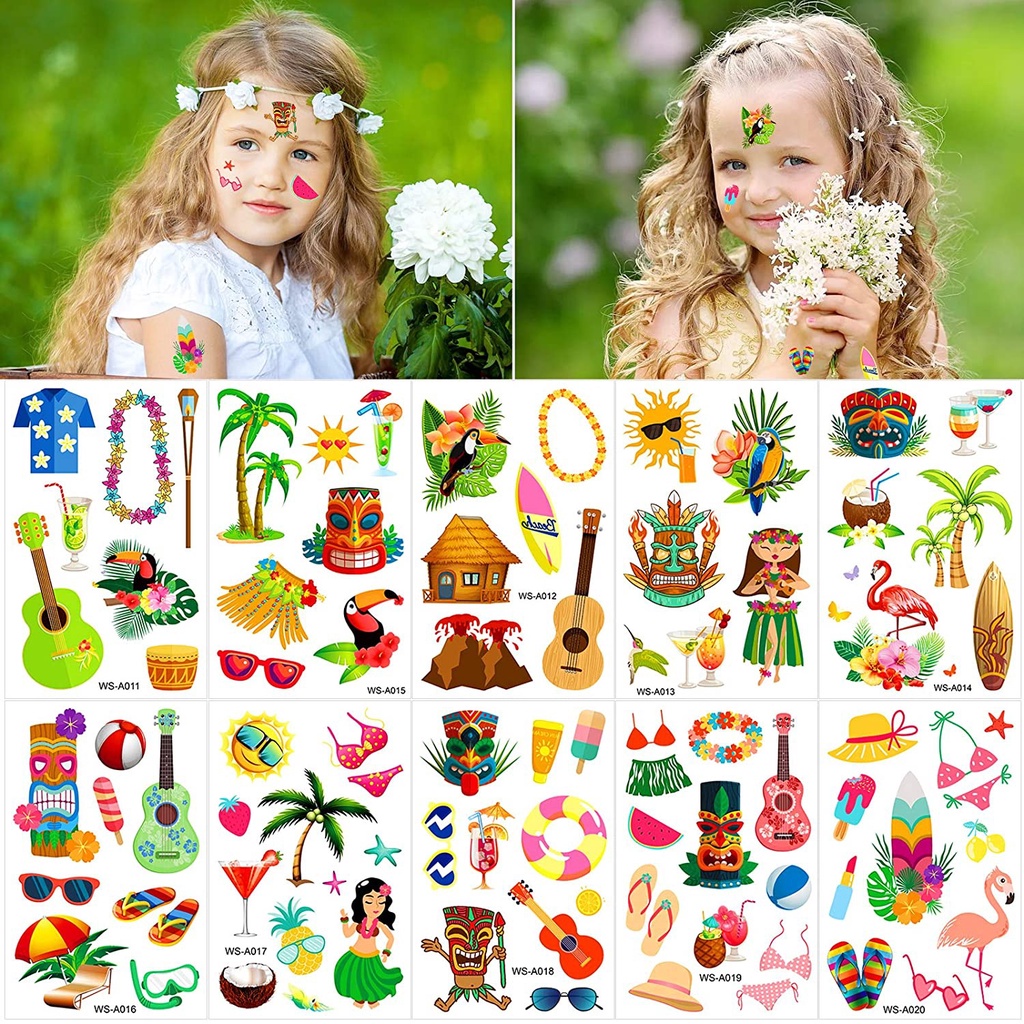 10 Sheets Aloha Tattoos Tropical Temporary Sticker Flamingo Flower Palm ...