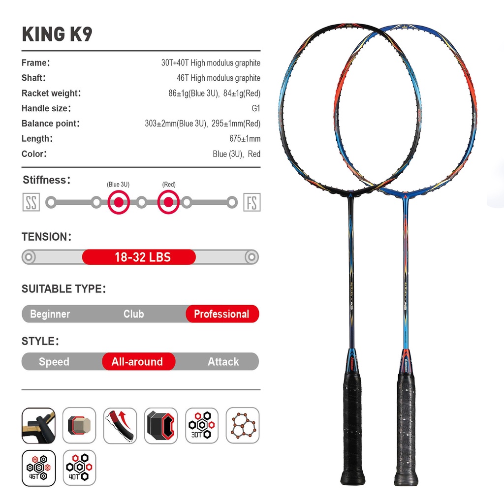 Kawasaki Professional Badminton Racket KING K9 4U 18-32LBS Full Carbon ...