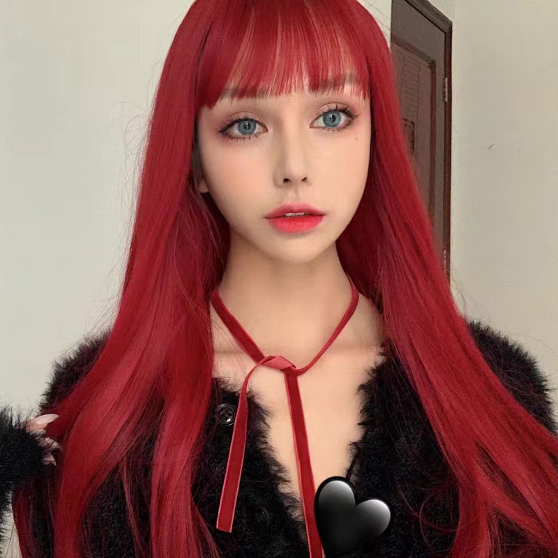 Red Color Long Straight Curls Hair Wigs For Women Cosplay Living ...