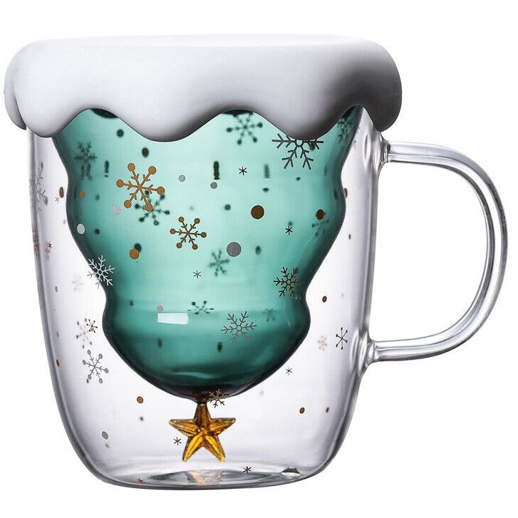 Christmas Tree Star Wishing Cup Double Wall Glass Latte Coffee Mug Cafe ...