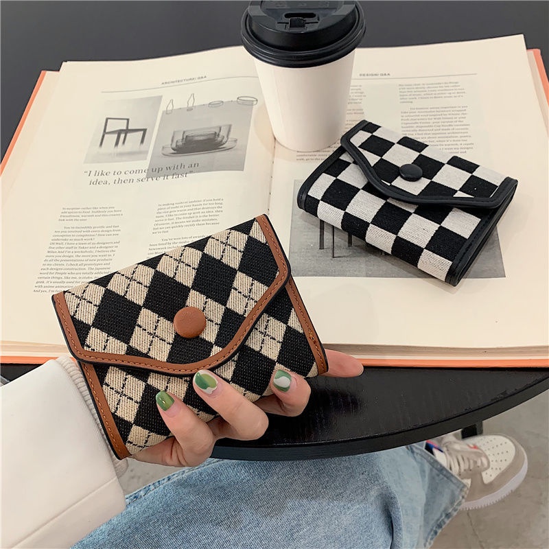 Wallet women's niche design Korean version of the retro plaid coin ...