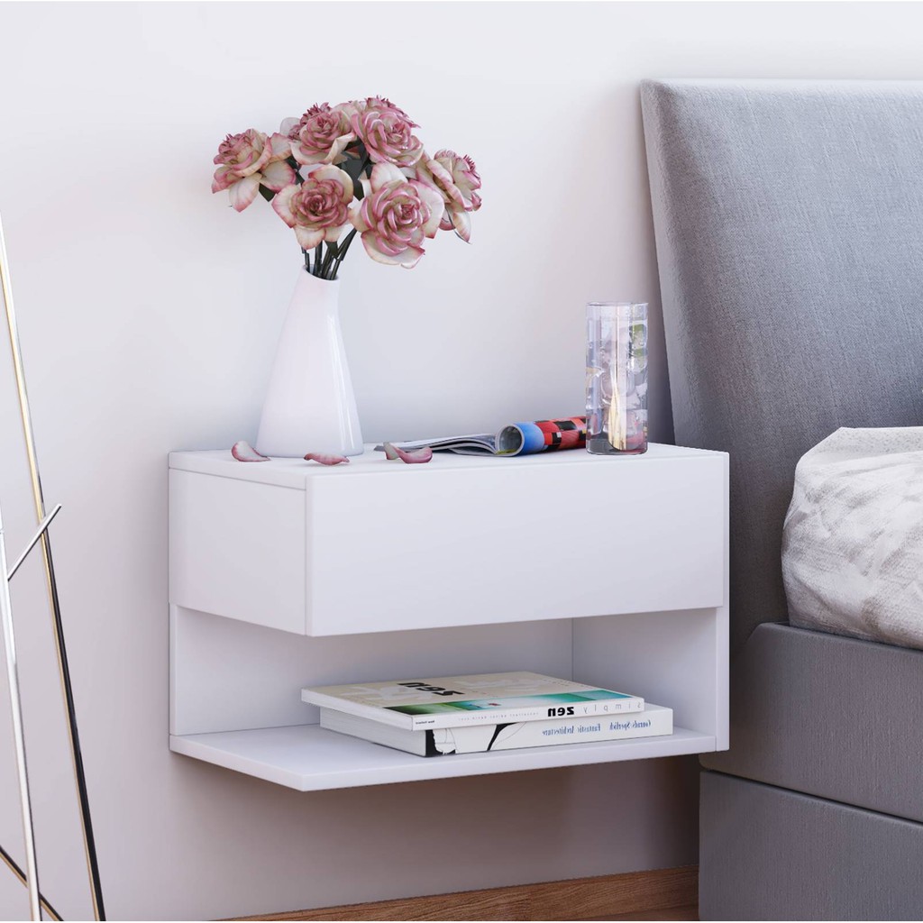 PUTIH Glossy White Minimalist Two-Tier Floating Side Table | Shopee ...