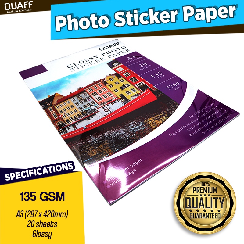 QUAFF Photo Sticker Paper 135Gsm A3 Size 297 x 420mm - 20sheets per ...