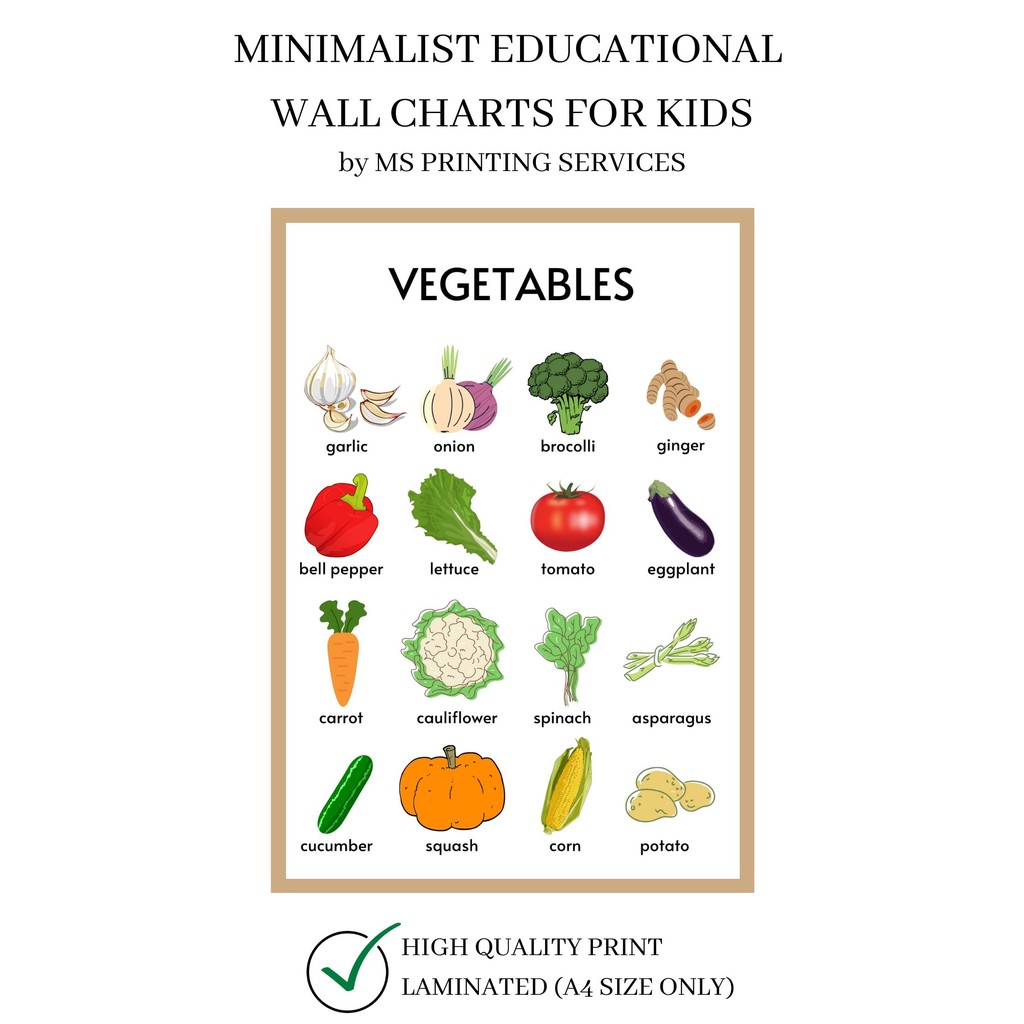 Laminated Minimalist Educational Wall Chart for Kids (Vegetables ...