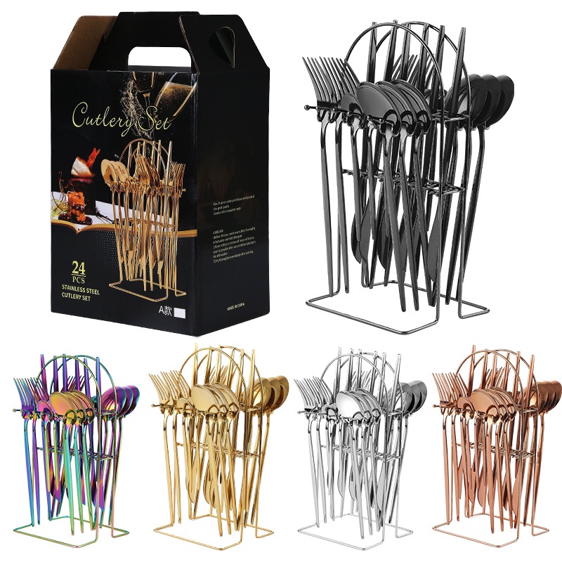 24pcs Stainless steel dinner black gold cutlery set cutlery set kitchen ...