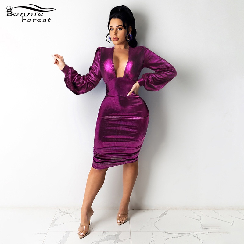 Bonnie Forest New Fashion Metallic Shiny Midi Dress Womens Long Sleeve ...
