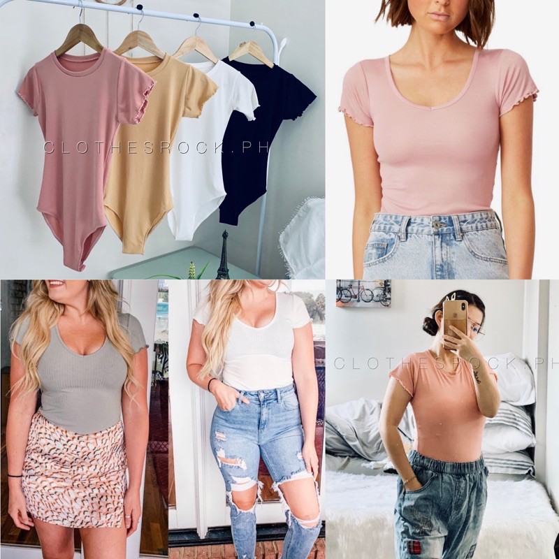 CLOTHESROCK Lettuce Sleeves Rib Knit Body Suit (Round Neck Shirt ...