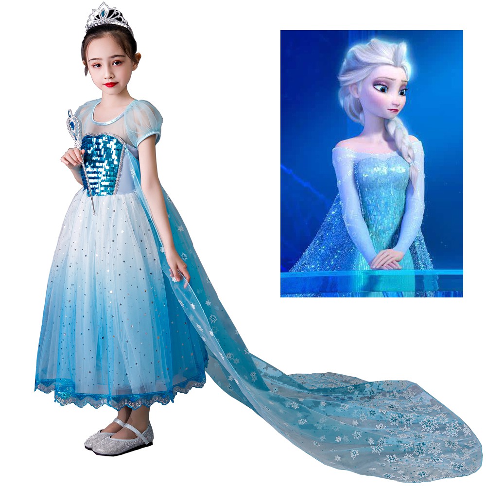 Girls Frozen Elsa Dress up Fantasy Short Sleeve O neck Sequin Snow ...