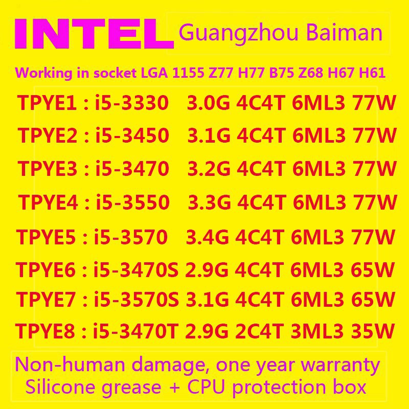 Intel LGA 1155 Processor Core i5 3330 i5 3450 i5 3470 i5 3550 i5 3570 ...