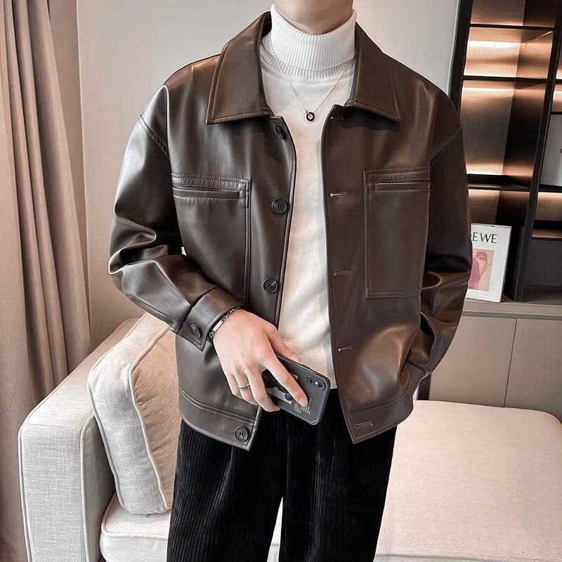 Lapel Leather Jacket Korean High-Quality Leather Jacket American Style ...