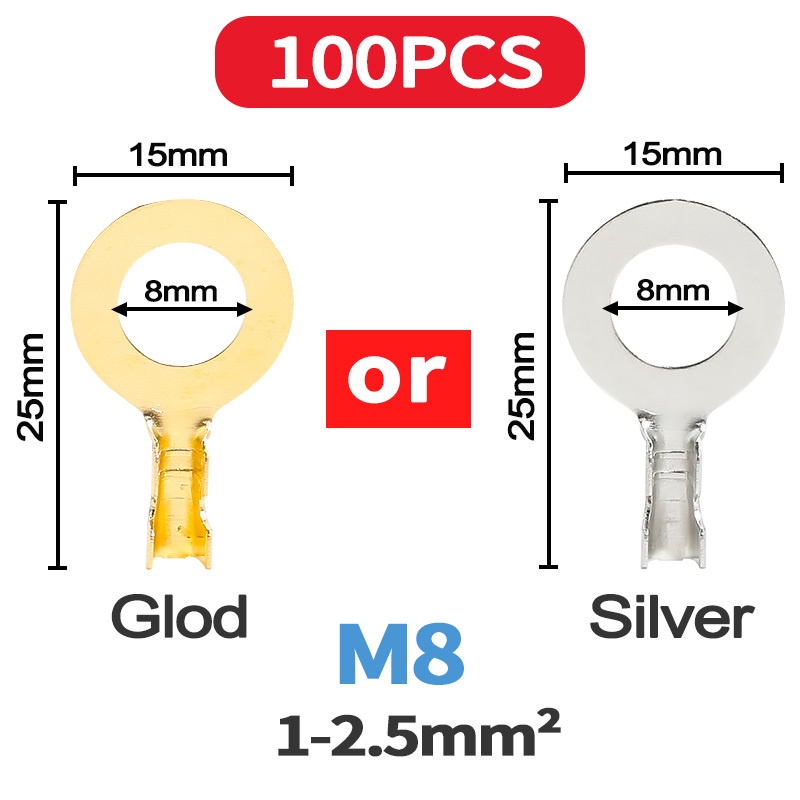 QEESHOW 100PCS/lot M8 Ring Lugs Terminals Gold Brass/Silver Non ...