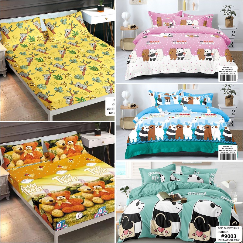 Cute We Bare Bears Cartoon Bedsheet 3in1 Set Bed Sheet Single Size ...