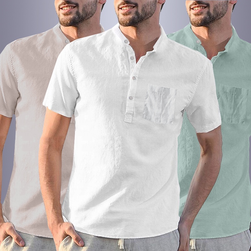 Men's Shirt Linen Kemeja Lelaki Short Sleeved Muslimah Raya Plain ...