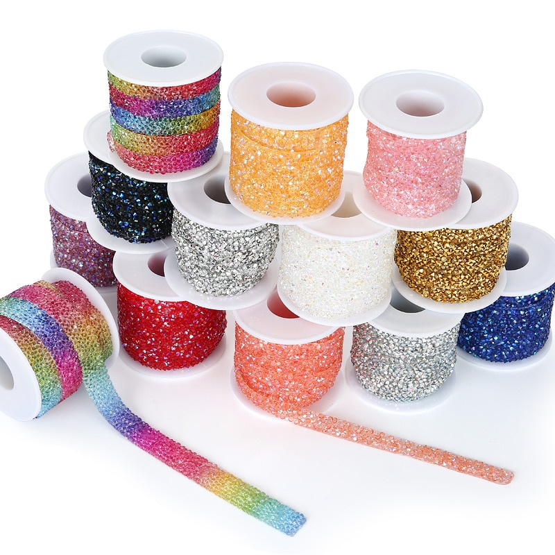 QIAO 10/15mm Rhinestones Ribbon Colorful Crystal Tape Trims Glitter ...