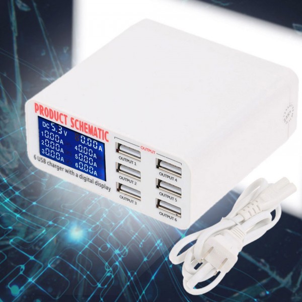 6 Port USB HUB 6A Auto Detect USB Rapid Fast Travel Wall Charger LED ...
