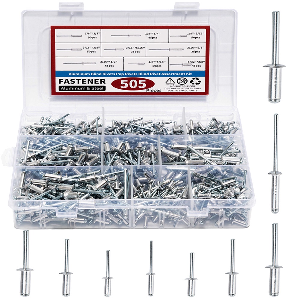 505pcs Aluminum Blind Rivets, 9 Sizes Pop Rivets Assortment Kit, 1/8" 3 ...