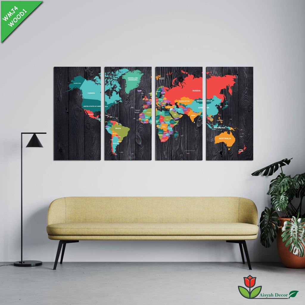 HIASAN DINDING KAYU Wall Decoration 80x40cm World Map Contents 4pcs ...