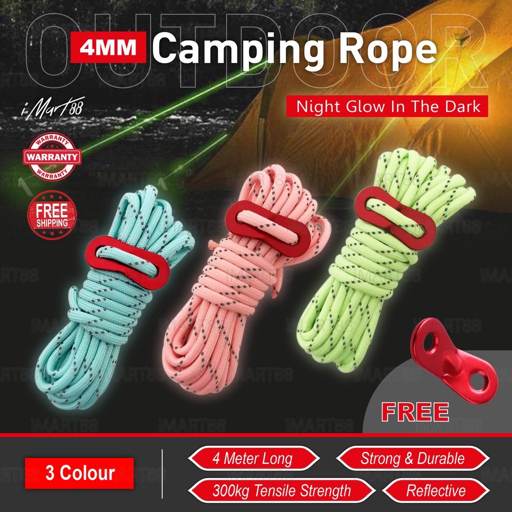 TenXion Outdoor 4mm 4m Night Glow In The Dark Reflective Camping Rope ...