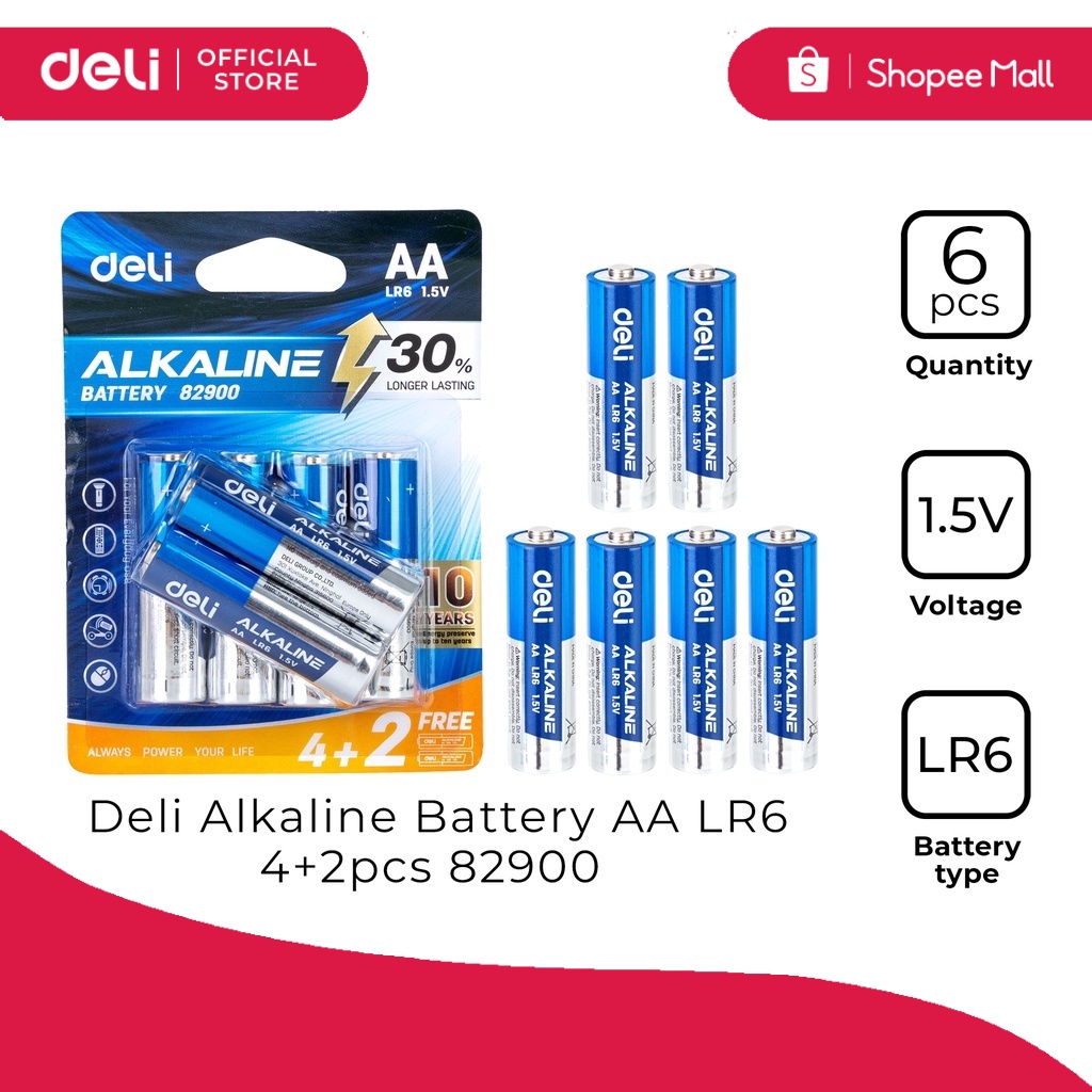 Deli 82900 Alkaline Battery AA LR6 4+2pcs 1PACK [7982900] | Shopee ...