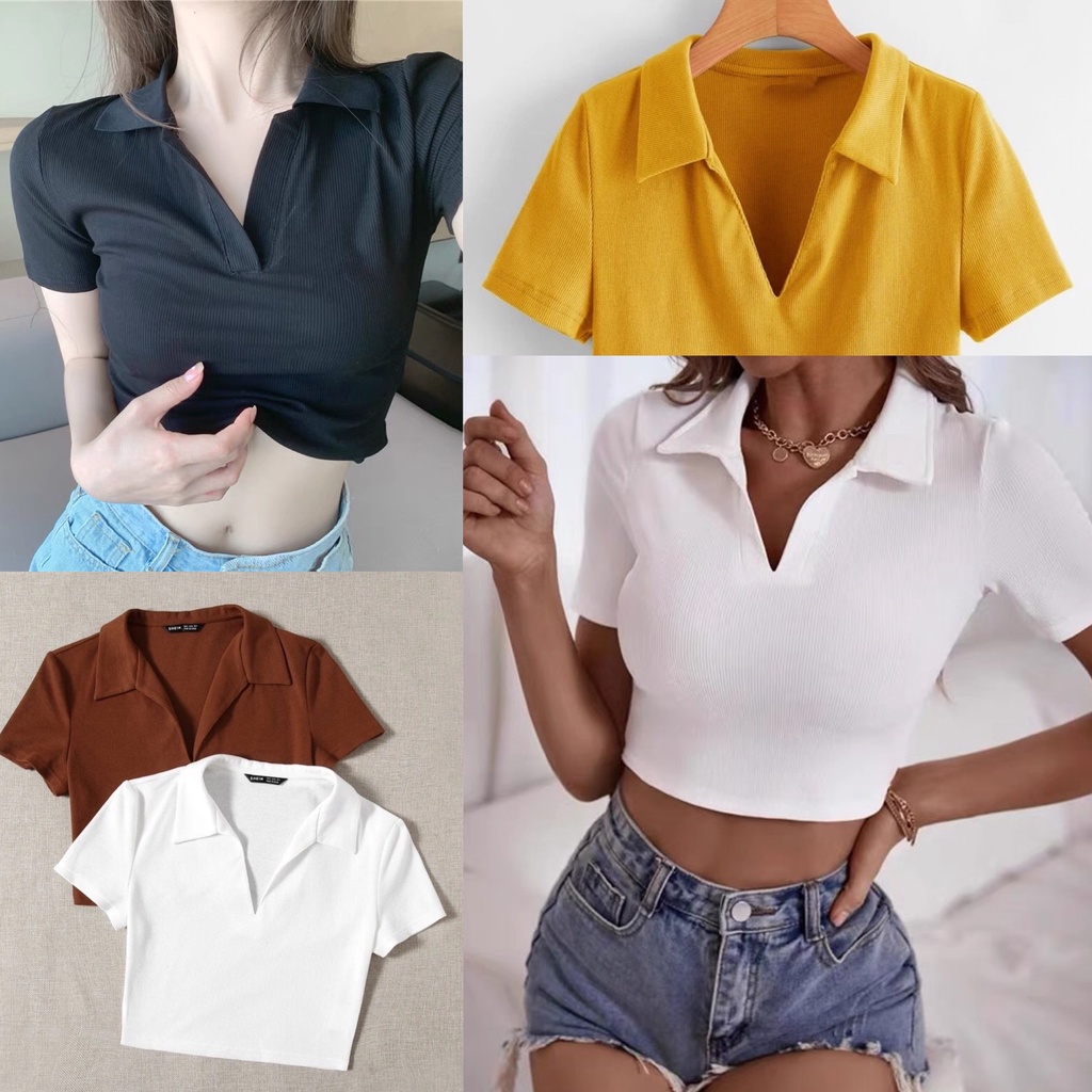 Angelcity V Neck Collar Tee Polo Crop Top Retro Lapel Rib-knit Tops ...
