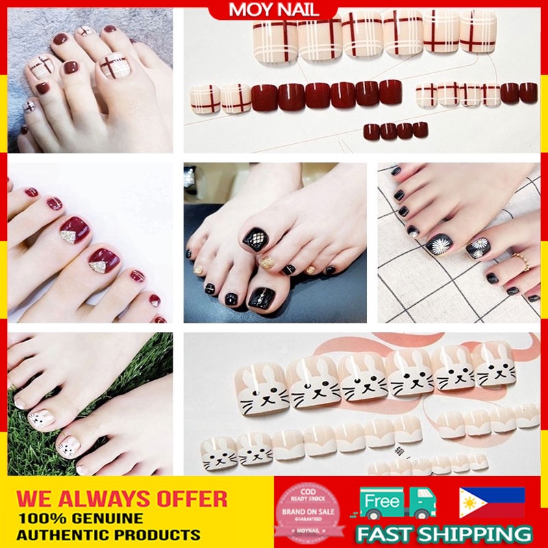 24Pcs Toenails Fake Nails With Glue Beautiful Toe Nails Set French Fake ...