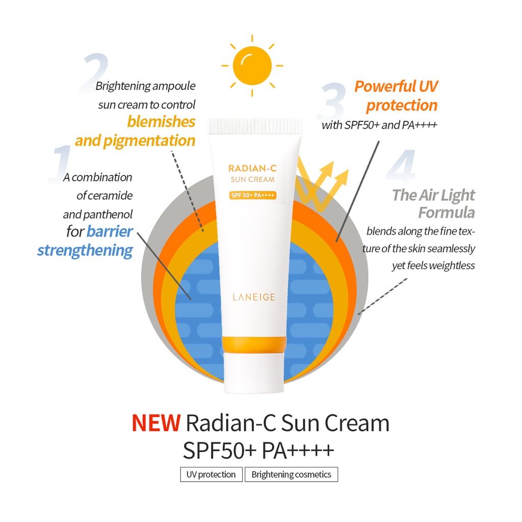 LANEIGE Radian-C Sun Cream SPF 50+ PA++++ - Lightweight Brightening ...
