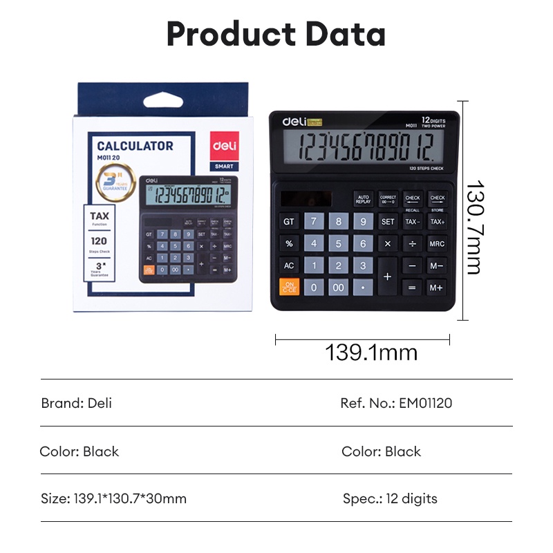 Deli Calculator Big Display 12 Digits Multifunctional Solar Calculator ...