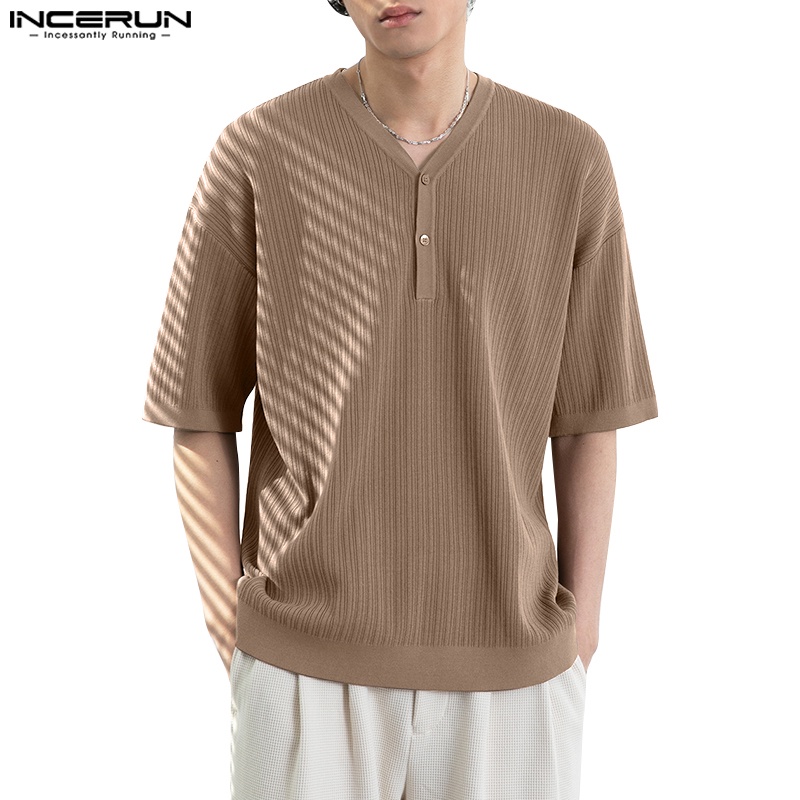 INCERUN Men S-5XL Short Sleeve Loose Striped Knitted V Neck Plain T-shirts | Shopee Philippines