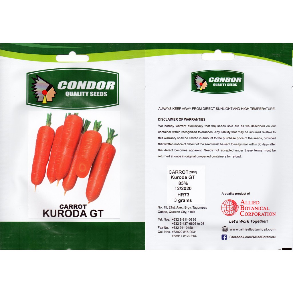 Condor Seeds CARROT KURODA GT 3 grams GDSFPH_S4 | Shopee Philippines