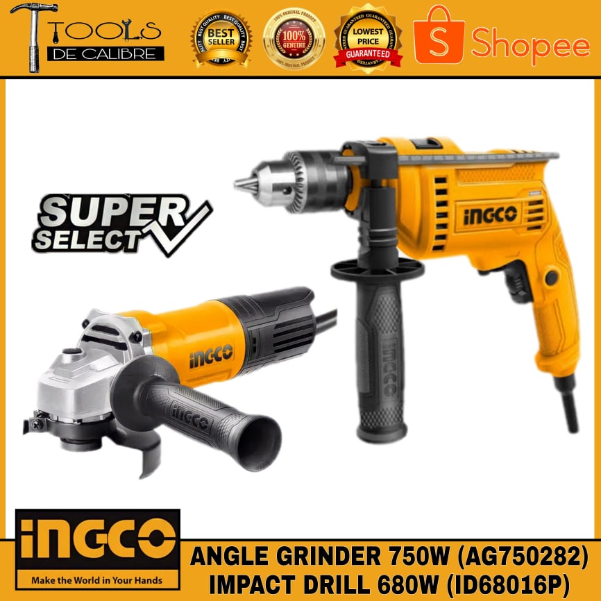 INGCO Power Tool Sets (Angle Grinder 750w AG750282 + Impact Drill 680w ...