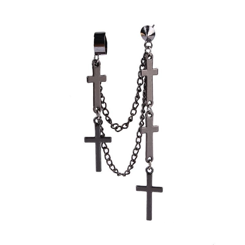Punk Black Cross Sword Ear Piercing Earrings With Long Chain Hanging ...