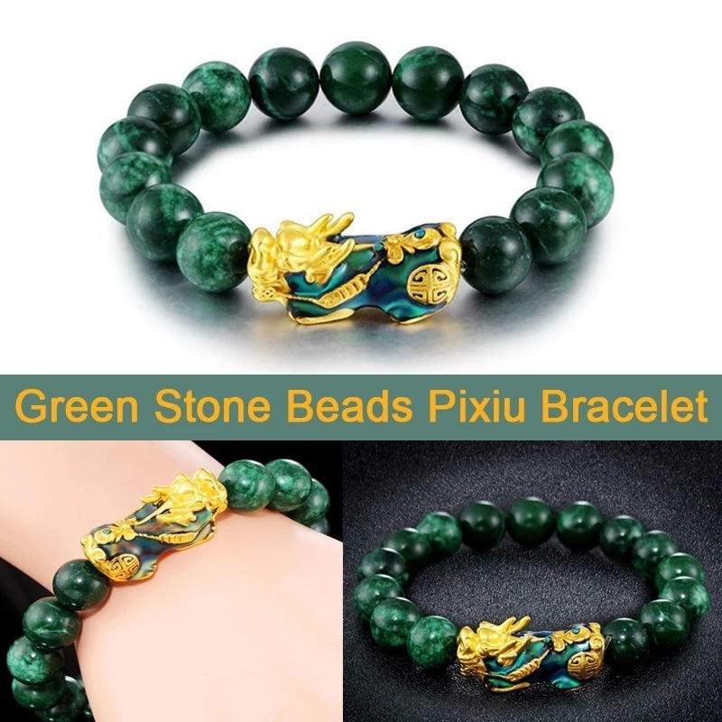 1Pc Gold Pixiu Bracelet Stone Beads Couple Energy Bracelets Bring Lucky ...