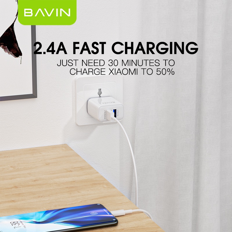 BAVIN PC829 2.4A Fast Charging Smart Wall Charger Adapter Dual USB Port ...