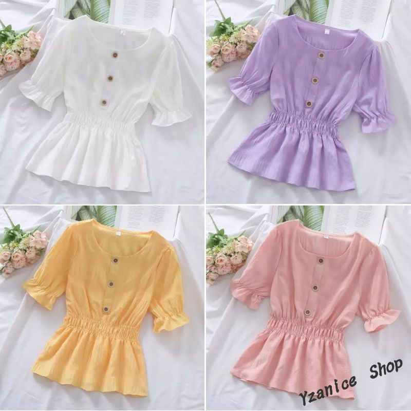 Korean Pleated Gathered-waist Shirt Sweet Slim Fit Top Cute Short Top ...
