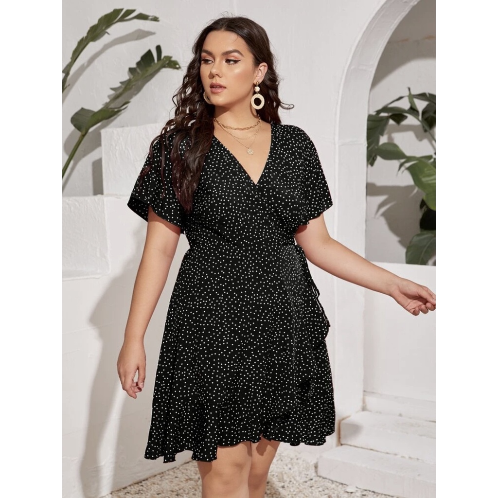 A2972 Miss Muse Polka Dot Surplice V-neck Ruffle Plus Size Wrap Dress ...