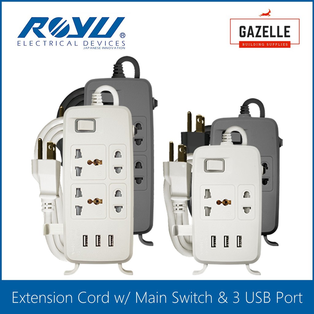Royu Extension Cord w/ One Main Switch & 3 USB Ports 2 Meter Cord (2 or ...