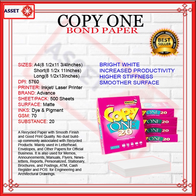 COPY ONE BOND PAPER 70GSM SHORT/A4/LONG 70GSM (500 SHEETS) | Shopee ...