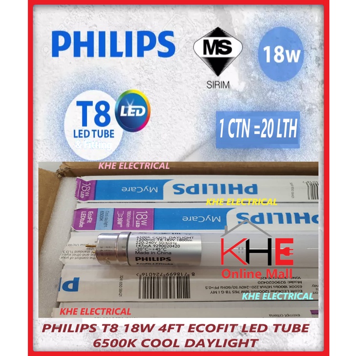 PHILIPS ECOFIT 18W 4FT LED TUBE (6500K COOL DAYLIGHT) SELL BY CTN=20LTH ...