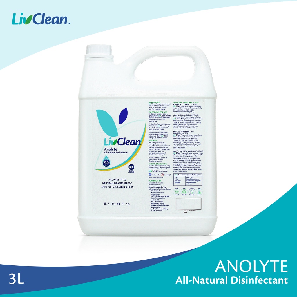LivClean Anolyte All Natural Disinfectant 3L (500PPM Hypochlorous Acid ...