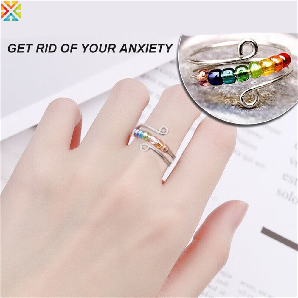 New Rainbow Bead Ladies Decompression Ring Rotating Anti-Anxiety ...