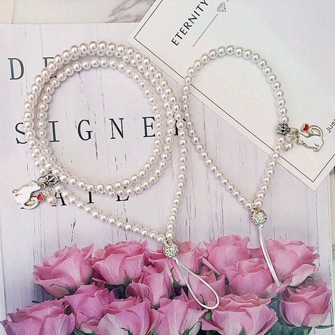 Crystal Pearl Mobile Phone Pendant Hanging Neck Lanyard Rhinestone Long ...